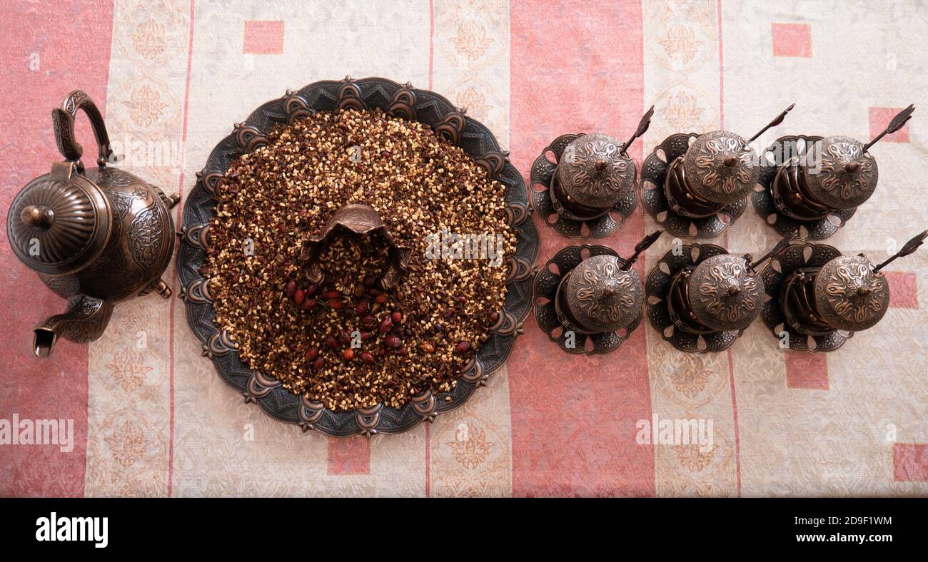 Table set for a tea time. Ottoman tea set with traditional ornaments ...