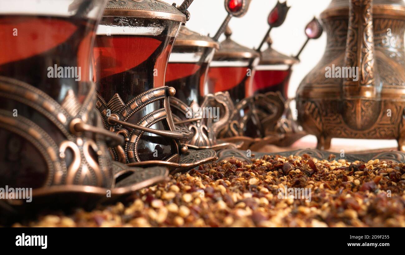 Ground rosehip tea in Ottoman teacups with traditional ornaments Stock ...