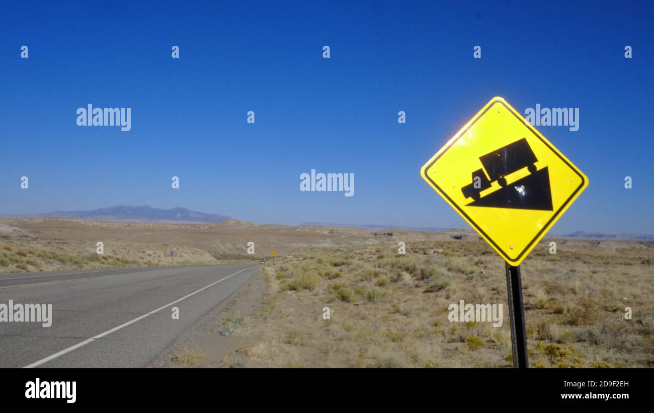 Traffic warning sign indicating steep hill, Utaha, USA Stock Photo - Alamy