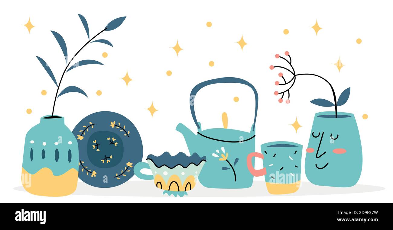 A set of ceramic dishes in the Scandinavian style. Beautiful poster in ...