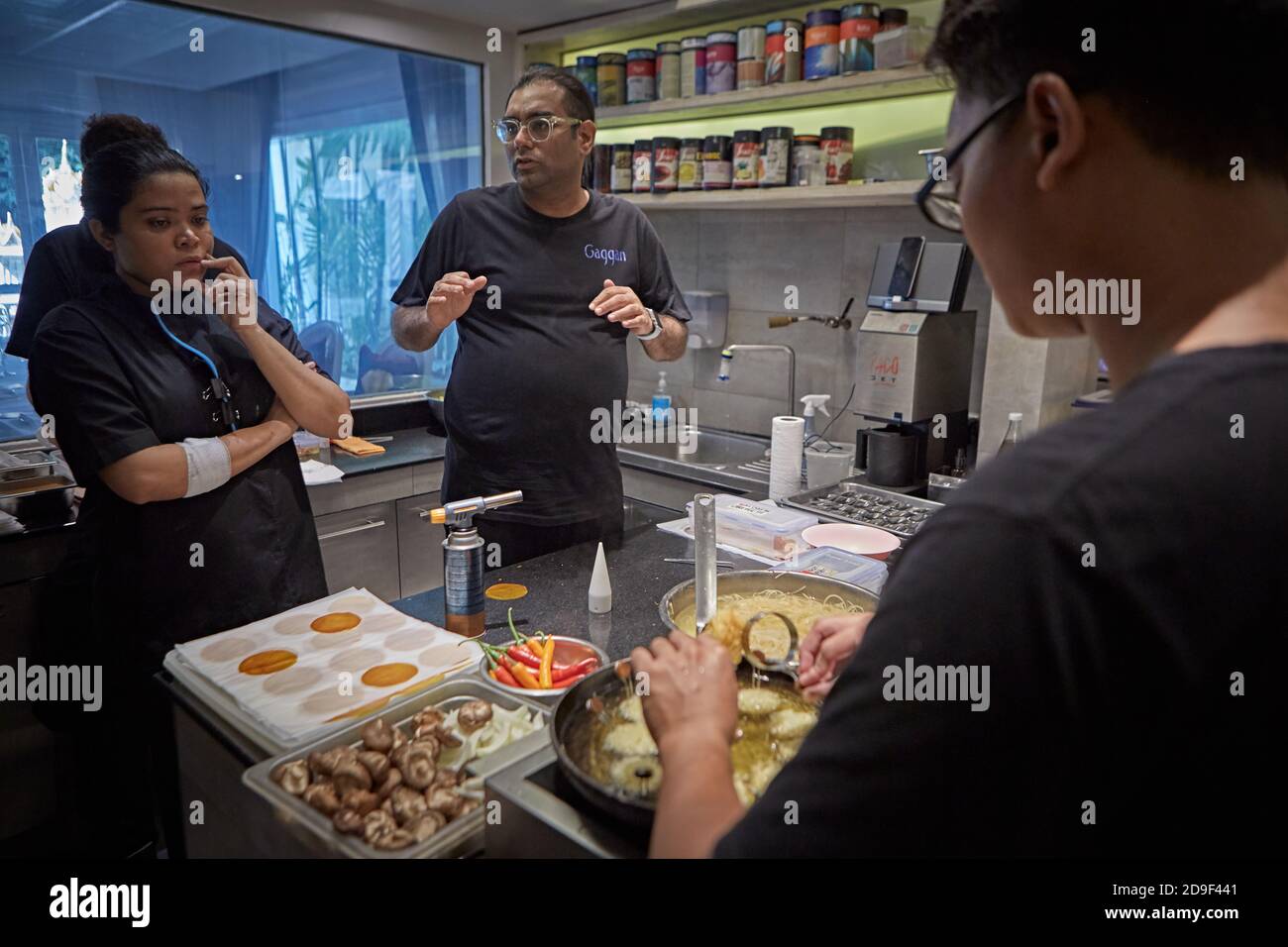 Bangkok, Thailand, March 2016. Chef Gaggan Anand working with his cooks ...