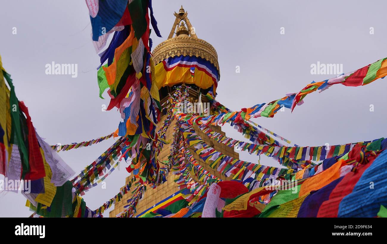 Closeup view of the top popular Boudhanath stupa (Boudha) in the center ...