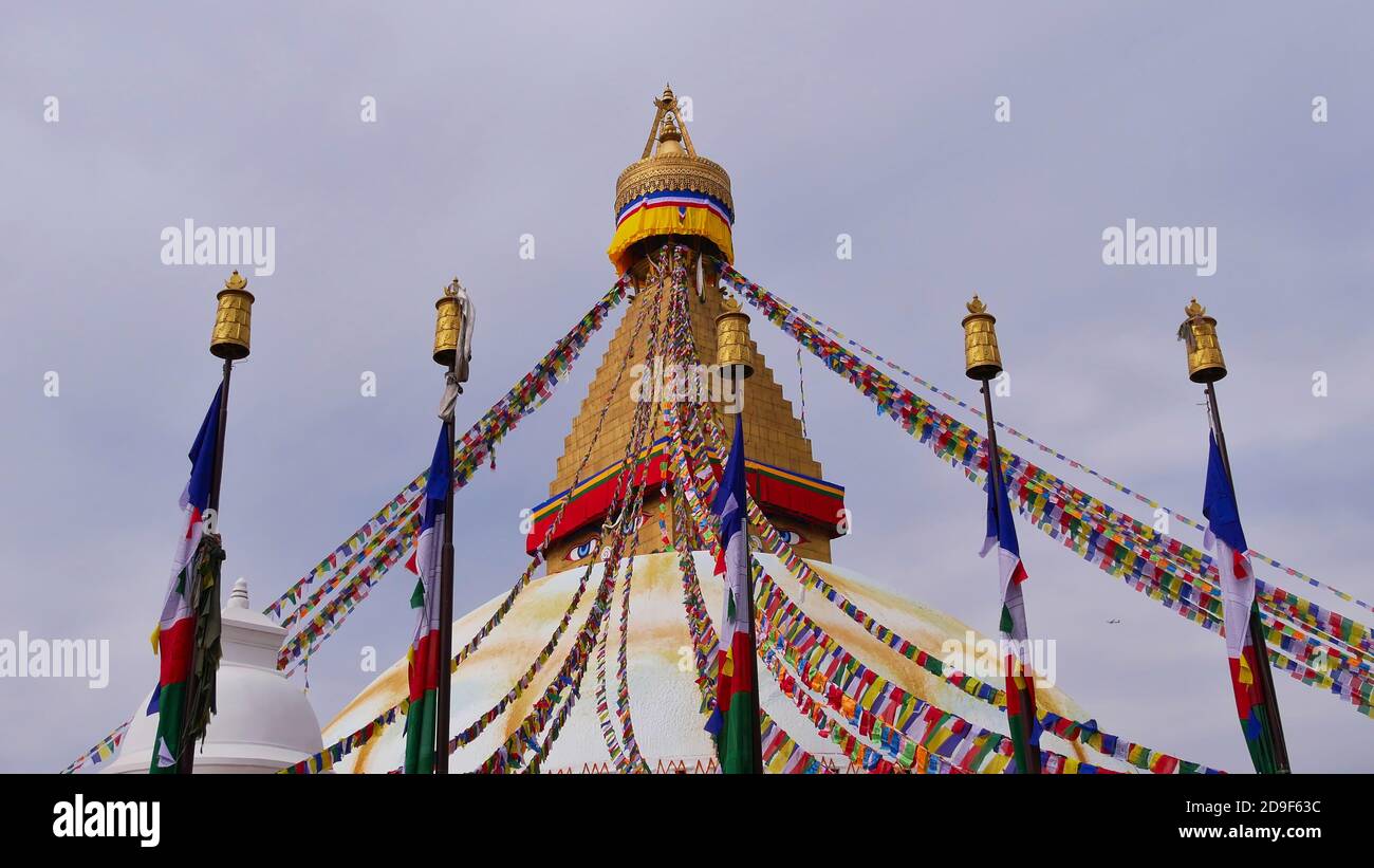Top of famous Boudhanath stupa (Boudha) in the center of Kathmandu ...
