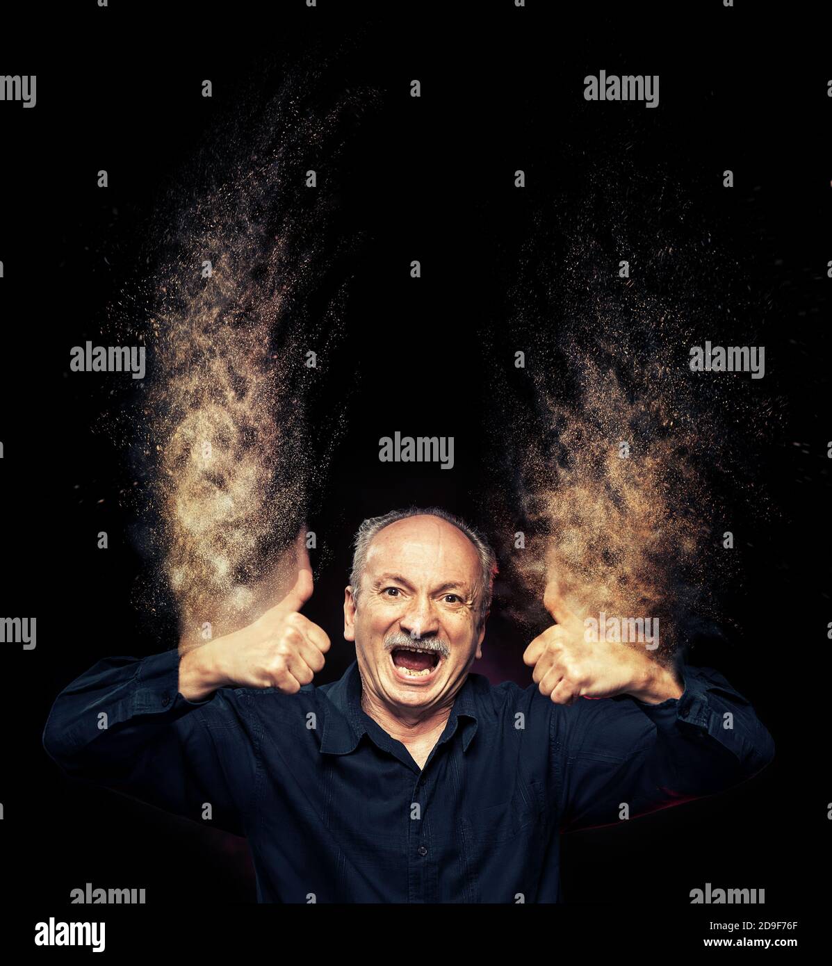 Old man and dust explosion. Successful man cries and shows ok sigh on ...