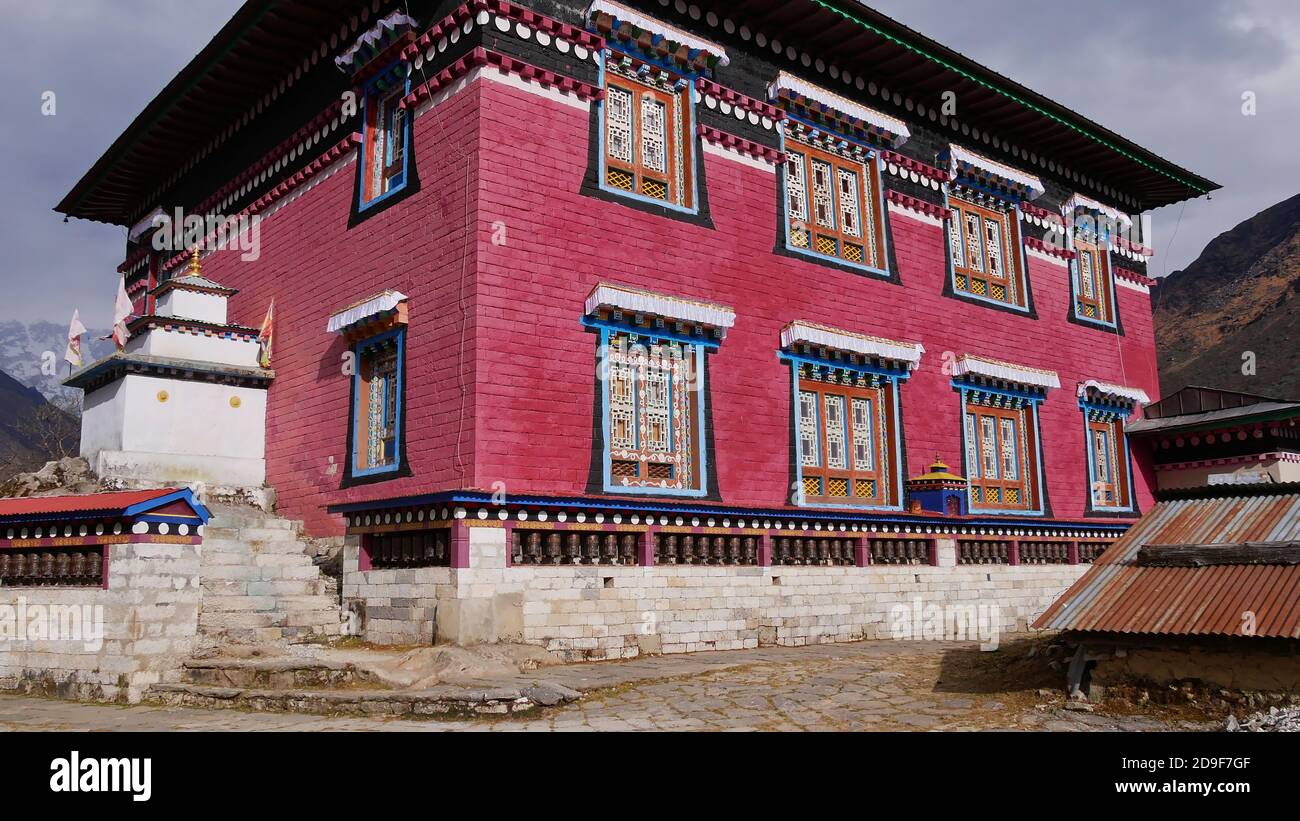 Beautiful multi-colored building of historic Buddhist Tengboche ...