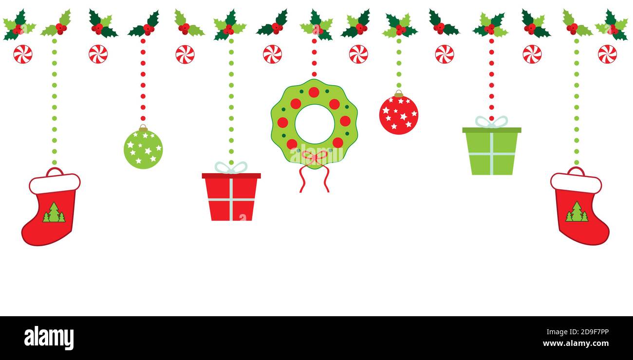 Christmas border with gift box, socks and ornaments. Isolated on white ...