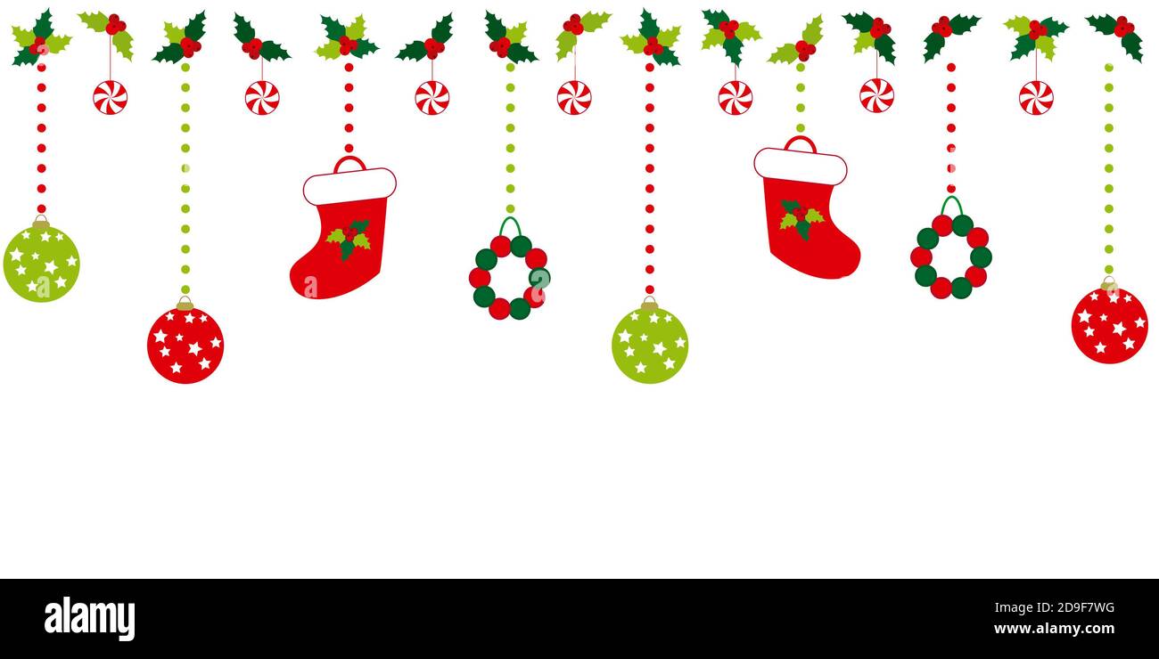 Christmas border with ornaments and socks Stock Photo - Alamy