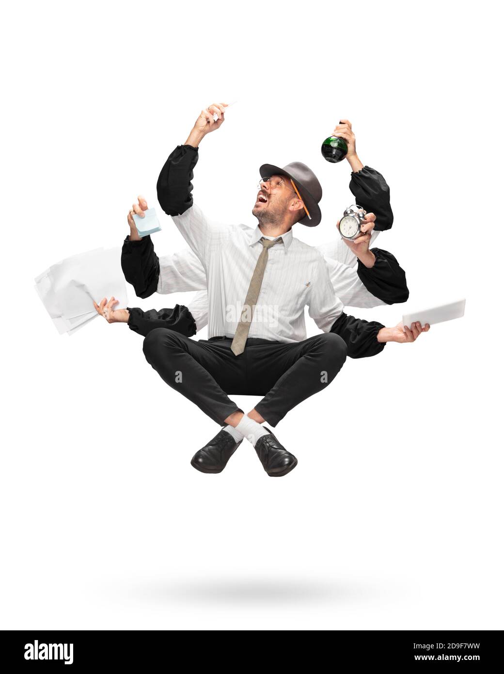 Handsome journalist, multi-armed correspondent levitating isolated on ...