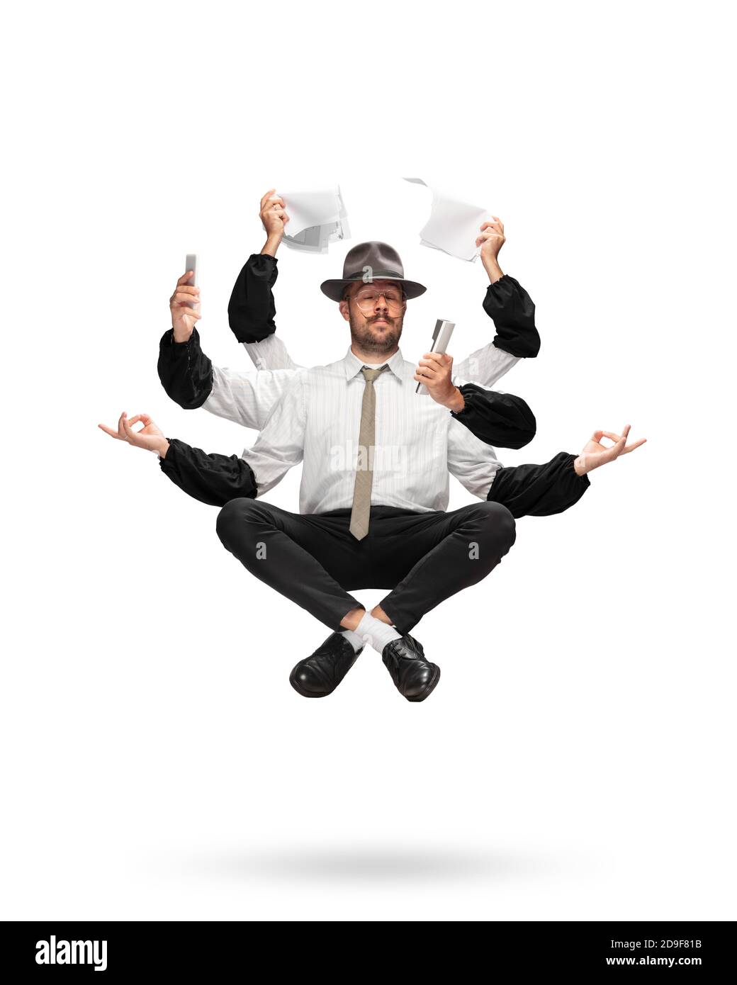 Handsome journalist, multi-armed correspondent levitating isolated on ...