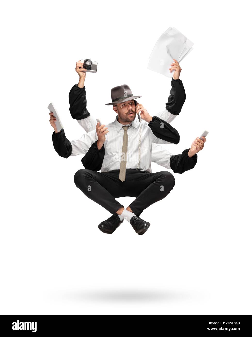 Handsome journalist, multi-armed correspondent levitating isolated on ...