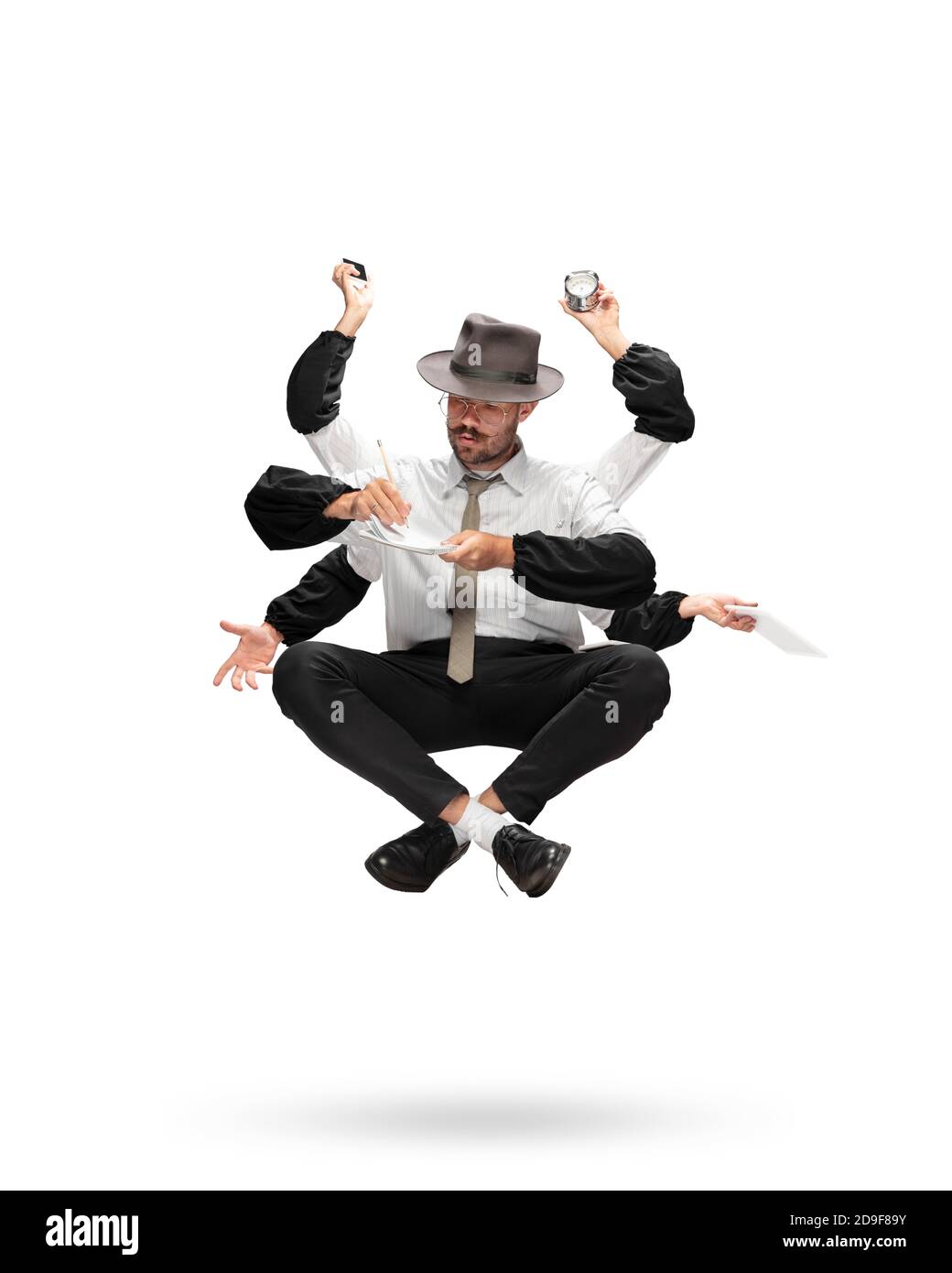 Handsome journalist, multi-armed correspondent levitating isolated on ...