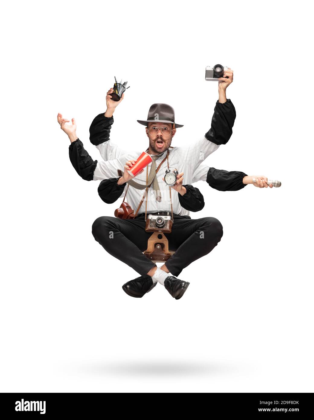 Handsome journalist, multi-armed correspondent levitating isolated on ...