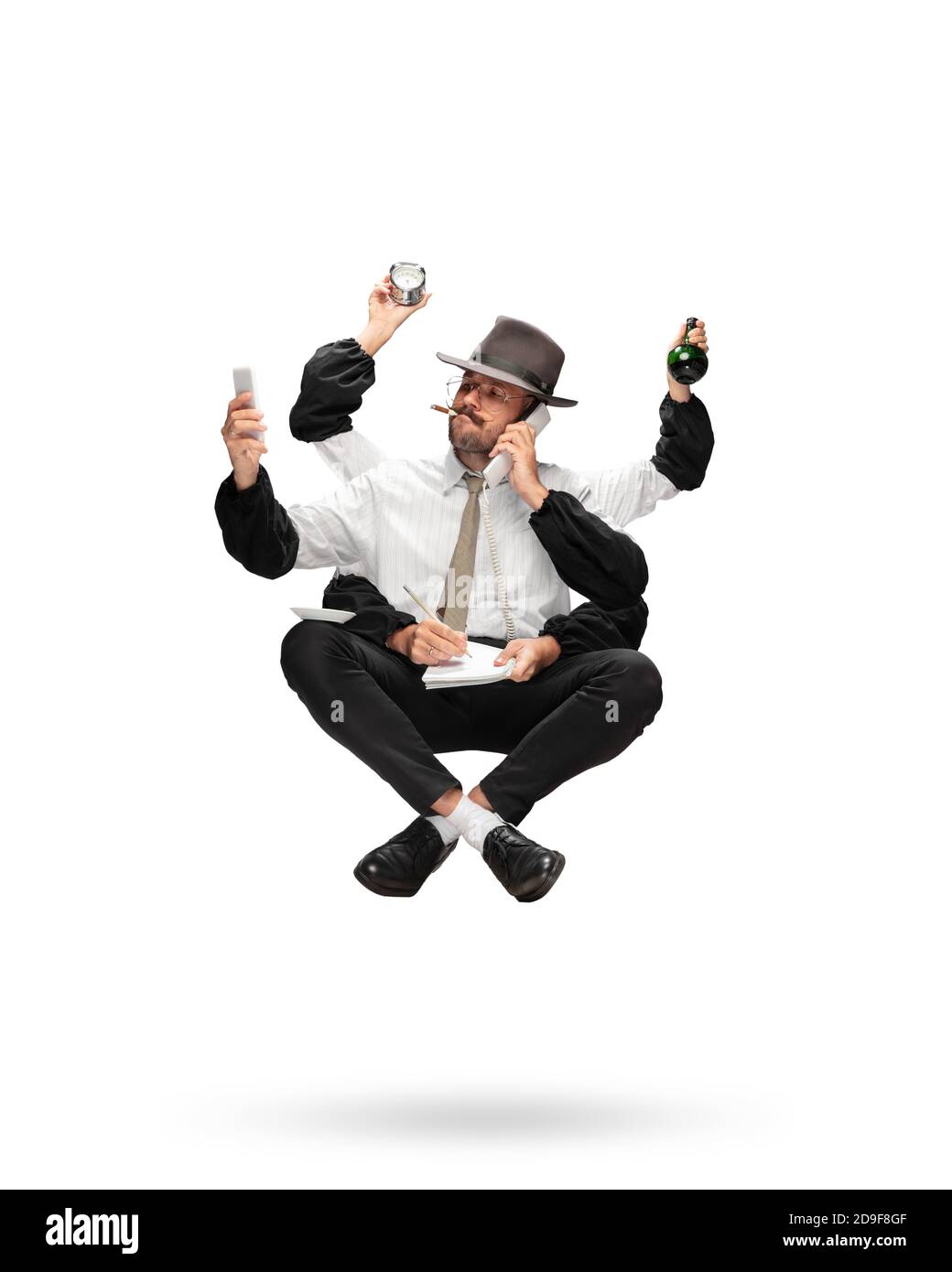 Handsome journalist, multi-armed correspondent levitating isolated on ...