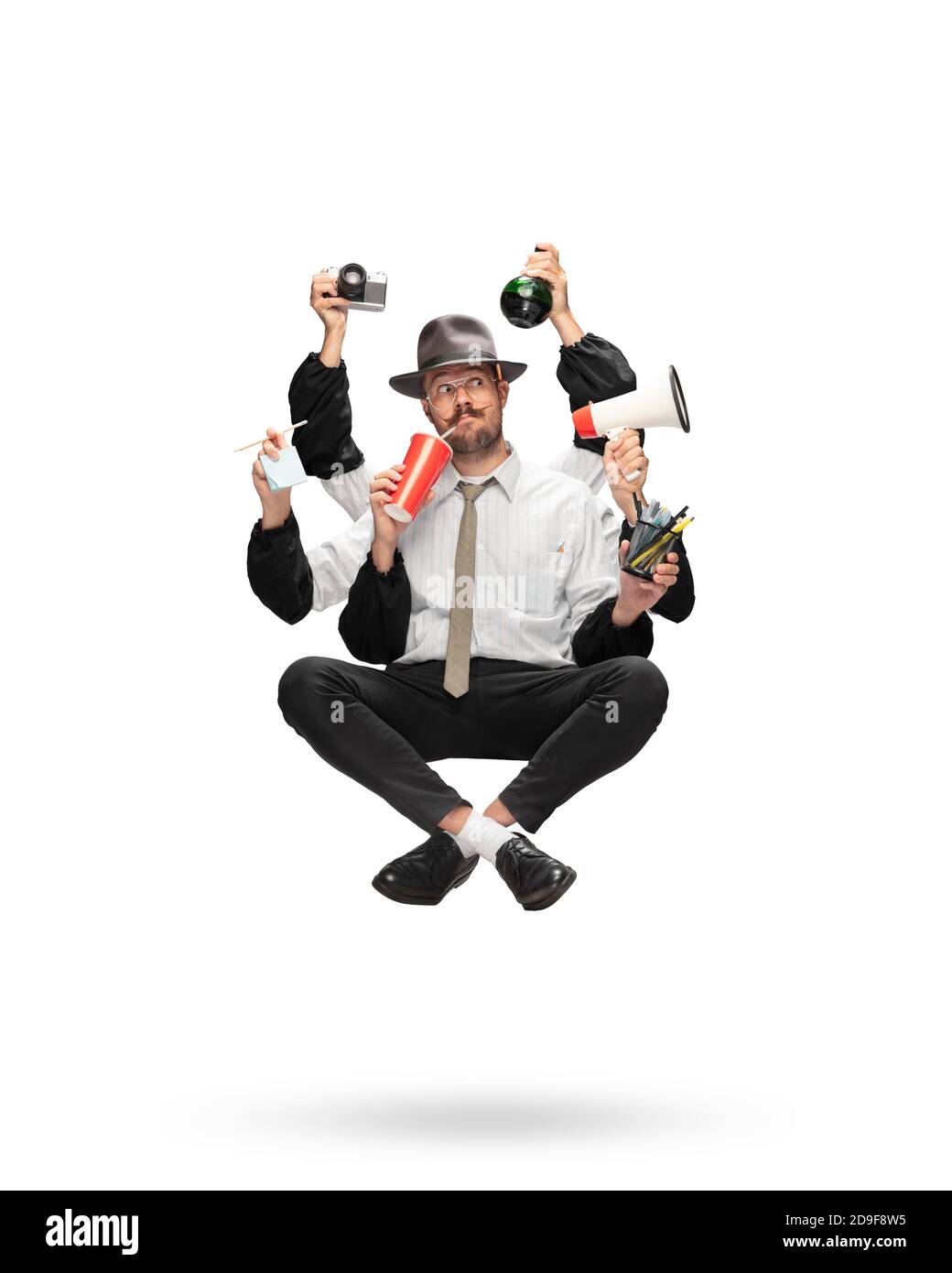 Handsome journalist, multi-armed correspondent levitating isolated on ...