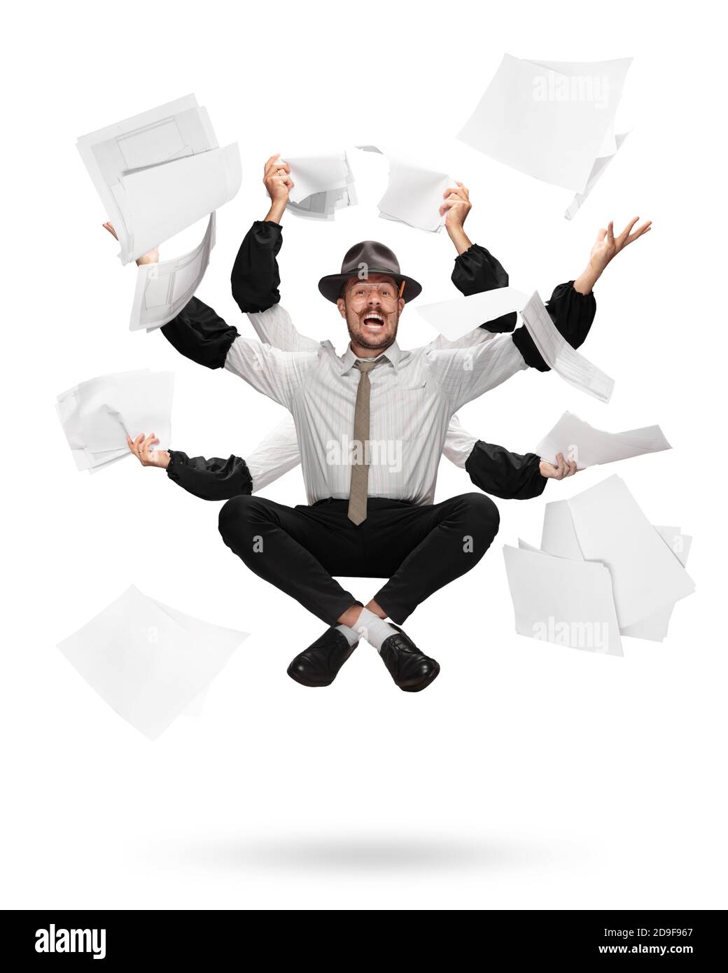 Handsome journalist, multi-armed correspondent levitating isolated on ...