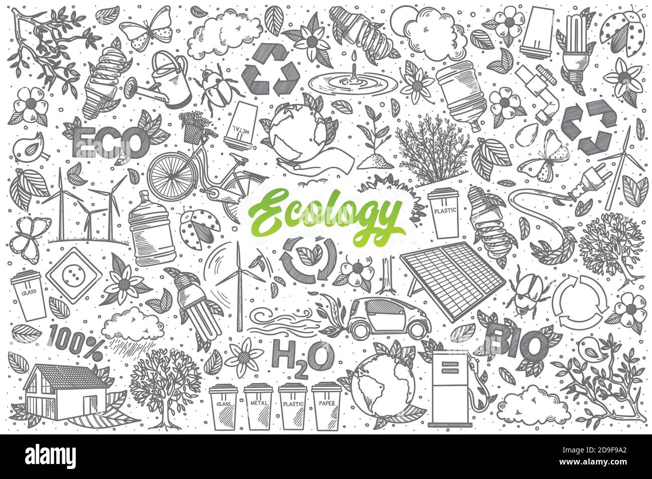 Hand drawn Ecology doodle set with lettering Stock Vector Image & Art ...