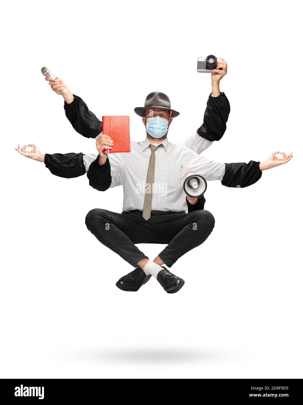 Handsome journalist, multi-armed correspondent levitating isolated on ...