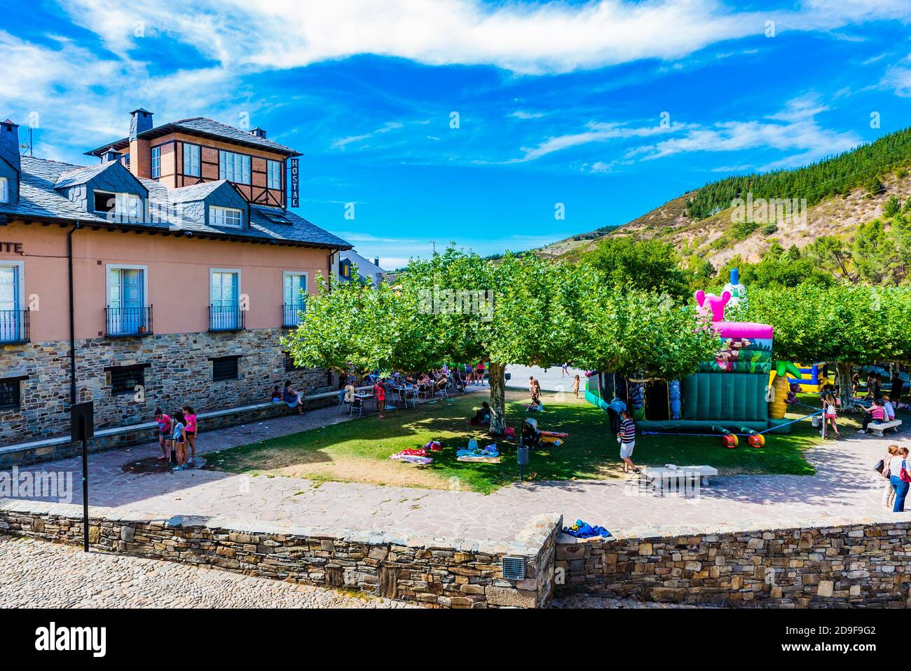 Park and pond of the Meruelo river. Molinaseca, El Bierzo, Leon ...