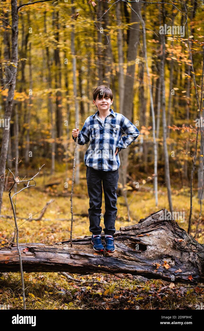 Young boy standing on a fallen tree in the woods on an autumn day Stock ...