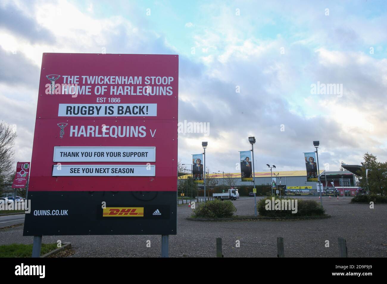 Rugby is Back sign outside The Stoop, Harlequins Stadium, Twickenham ...