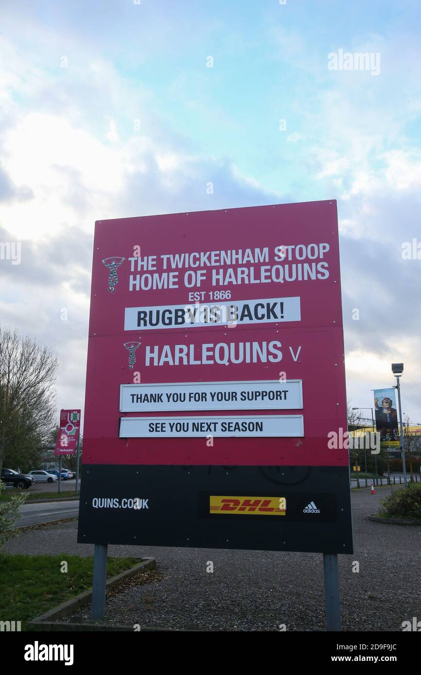 Rugby is Back sign outside The Stoop, Harlequins Stadium, Twickenham ...
