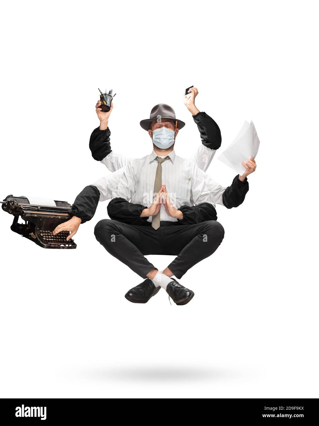 Handsome journalist, multi-armed correspondent levitating isolated on ...