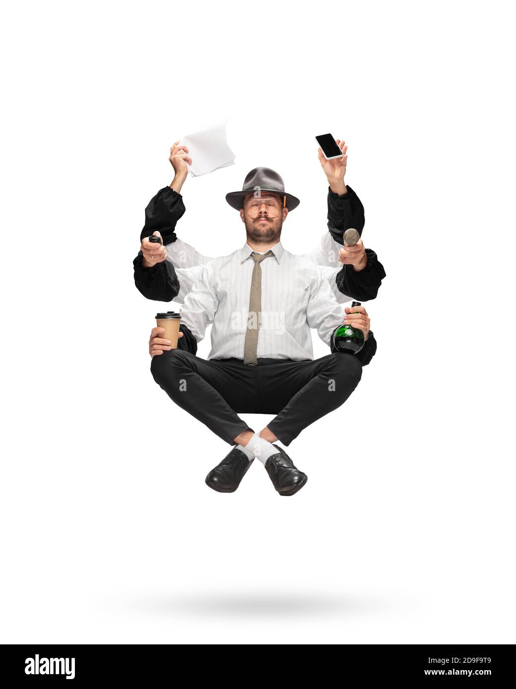 Handsome journalist, multi-armed correspondent levitating isolated on ...