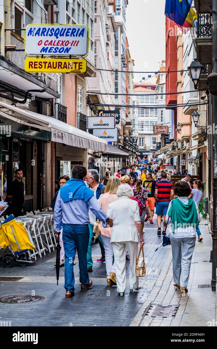 The lively Rua Franja - Franja street. La Coruña, Galicia, Spain ...
