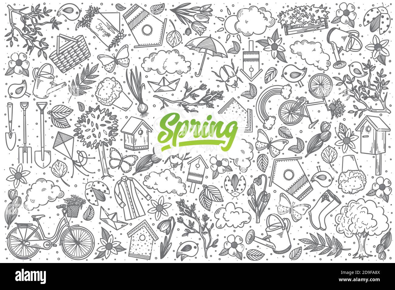 Hand drawn Spring doodle set with lettering Stock Vector Image & Art ...