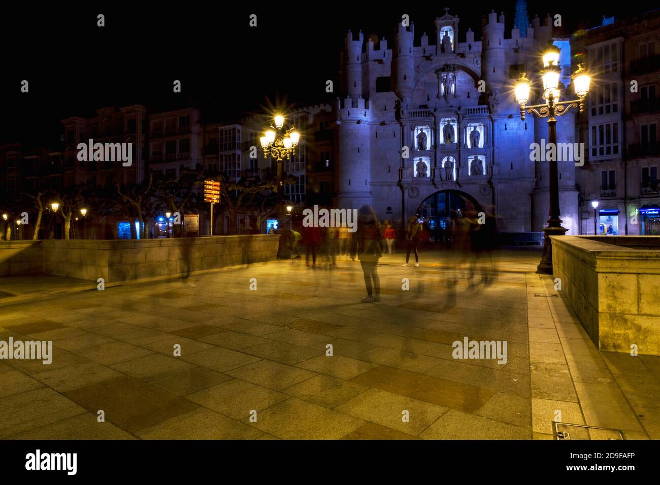 Santa Maria arch on the bridge at night in Burgos (Spain Stock Photo ...