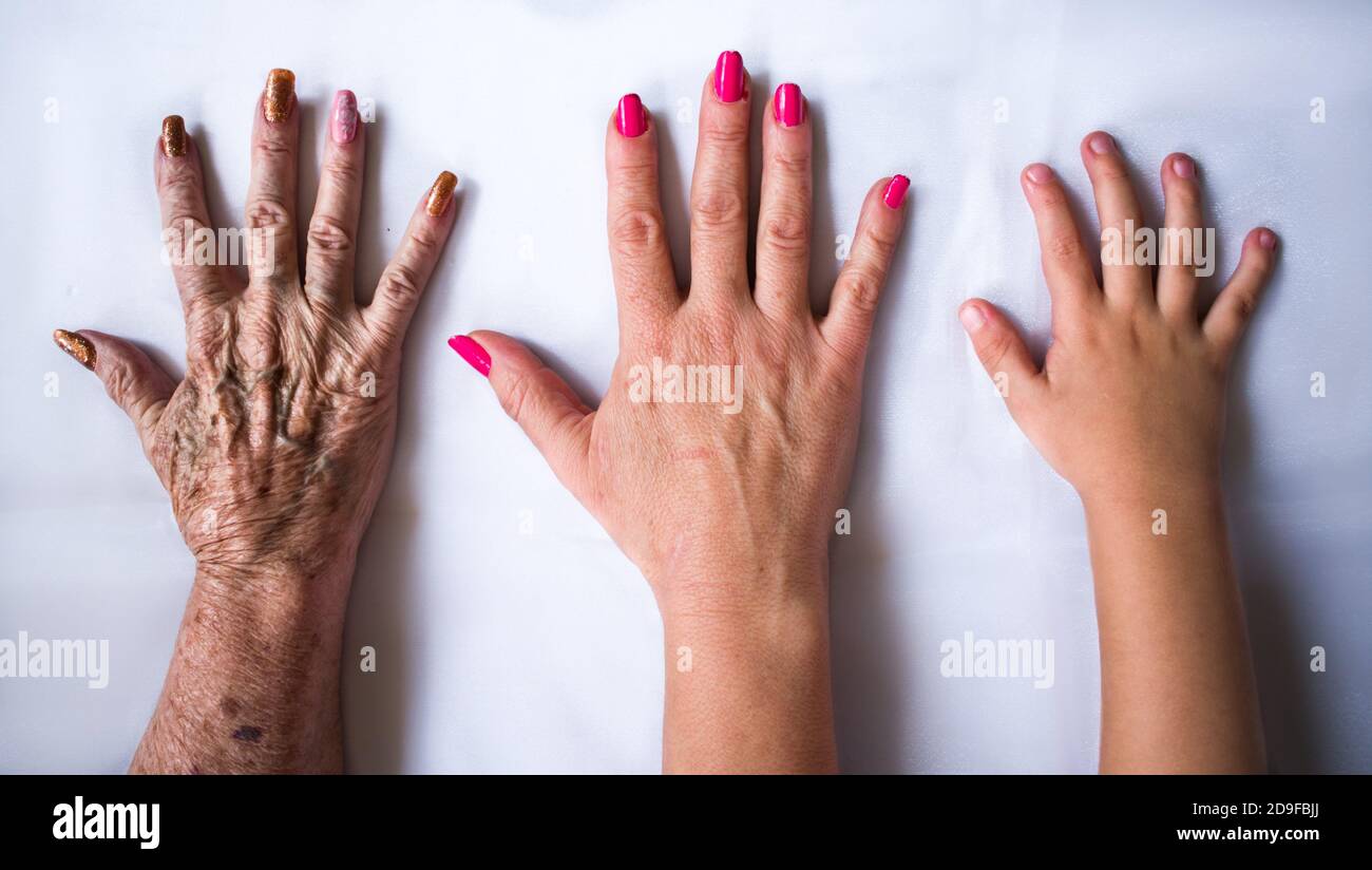 Closeup shot of three female generation hands on the wall Stock Photo ...