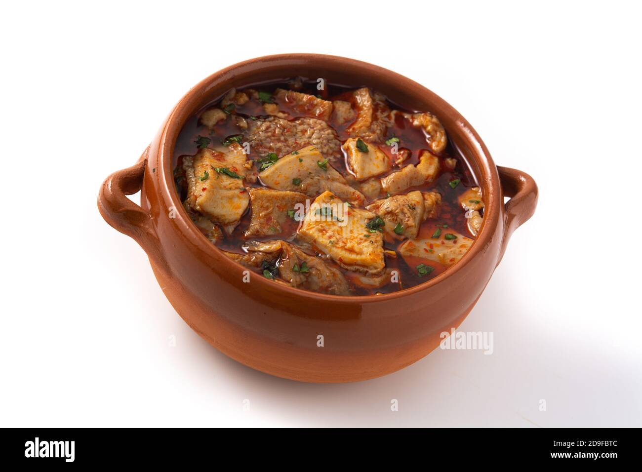 Traditional mondongo or el menudo soup isolated on white background ...