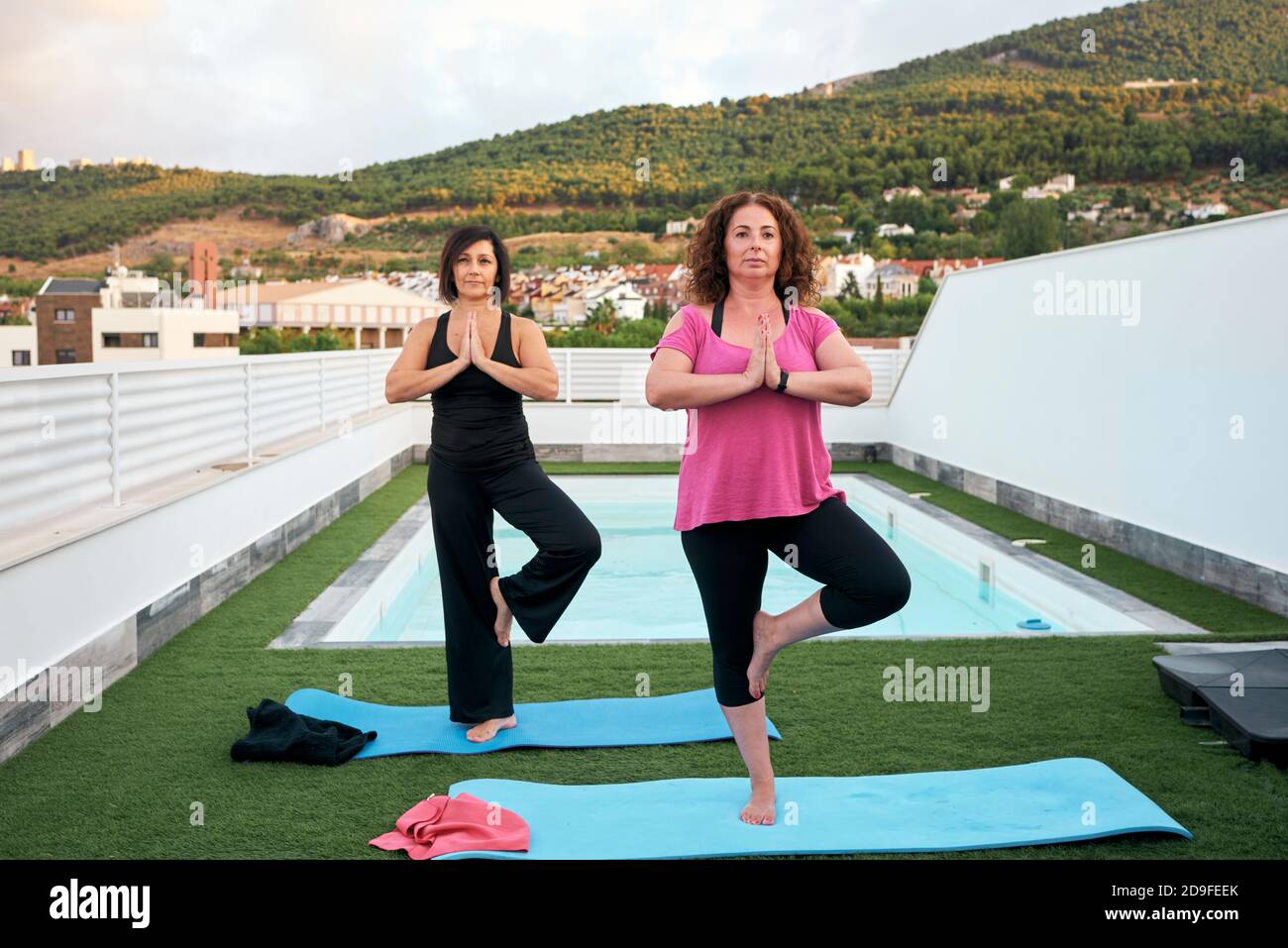 Two women practice yoga on the terrace of the house, Tree pose Stock ...