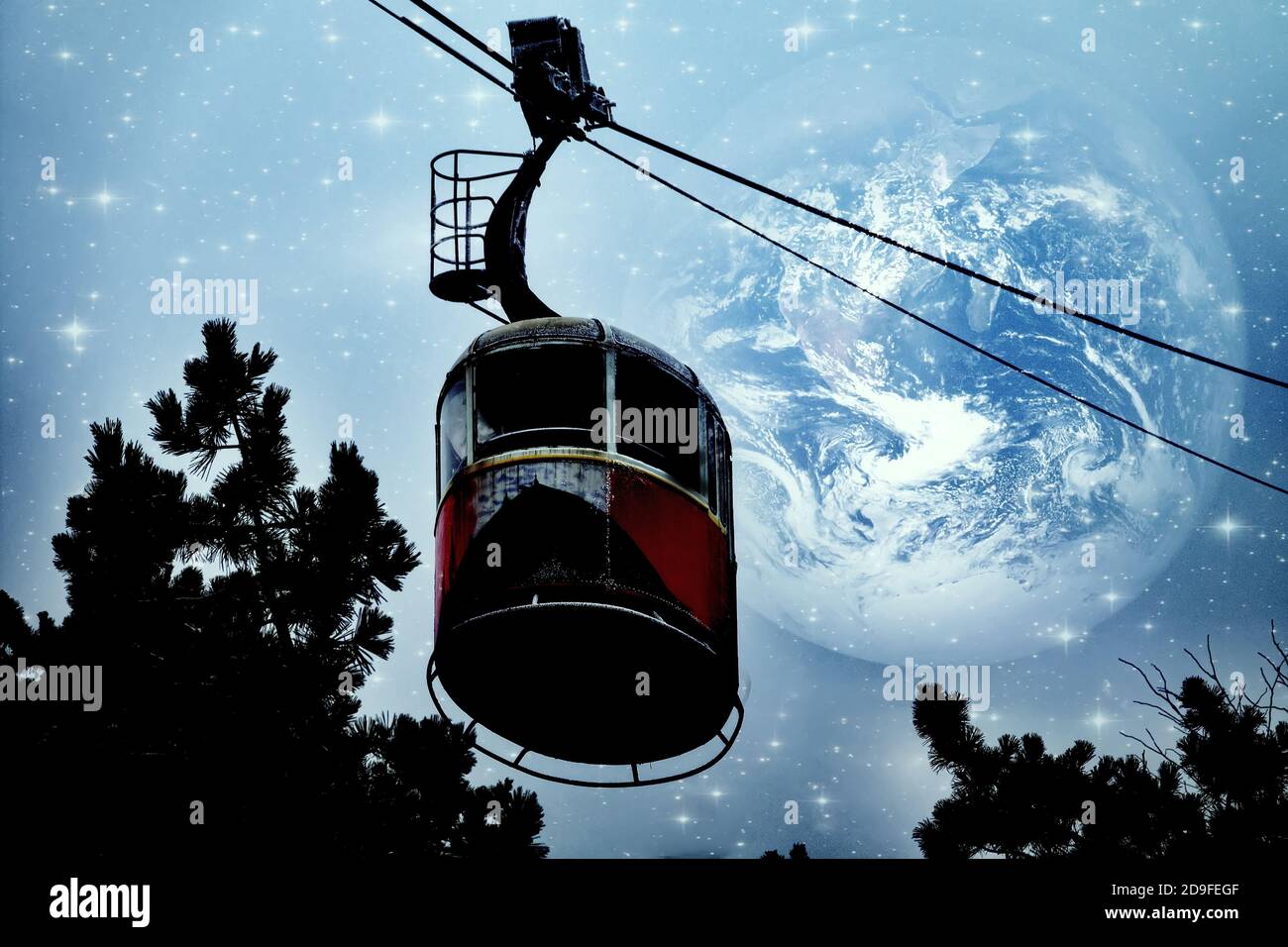 Cable car on background of night sky and planets. Space abstract ...