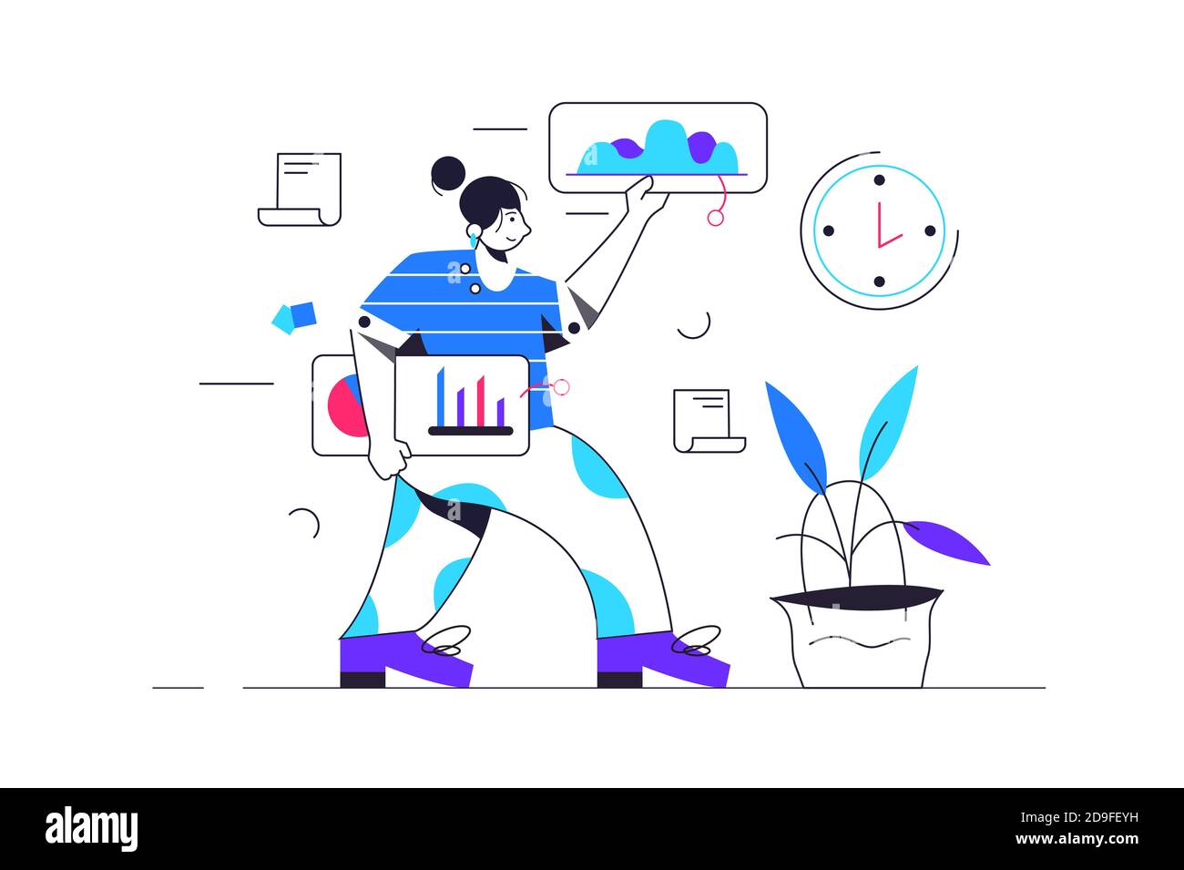 Girl working with graphs and data in flat style Stock Vector Image ...