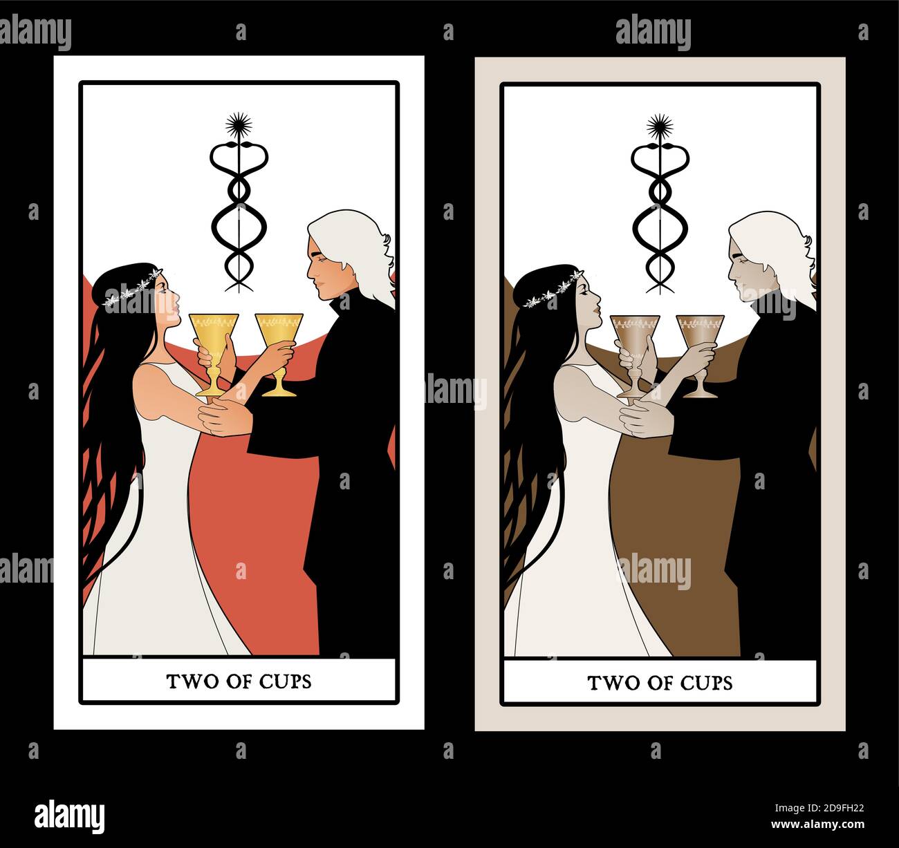 Two of cups. Tarot cards. Young couple offering a golden cup to each ...