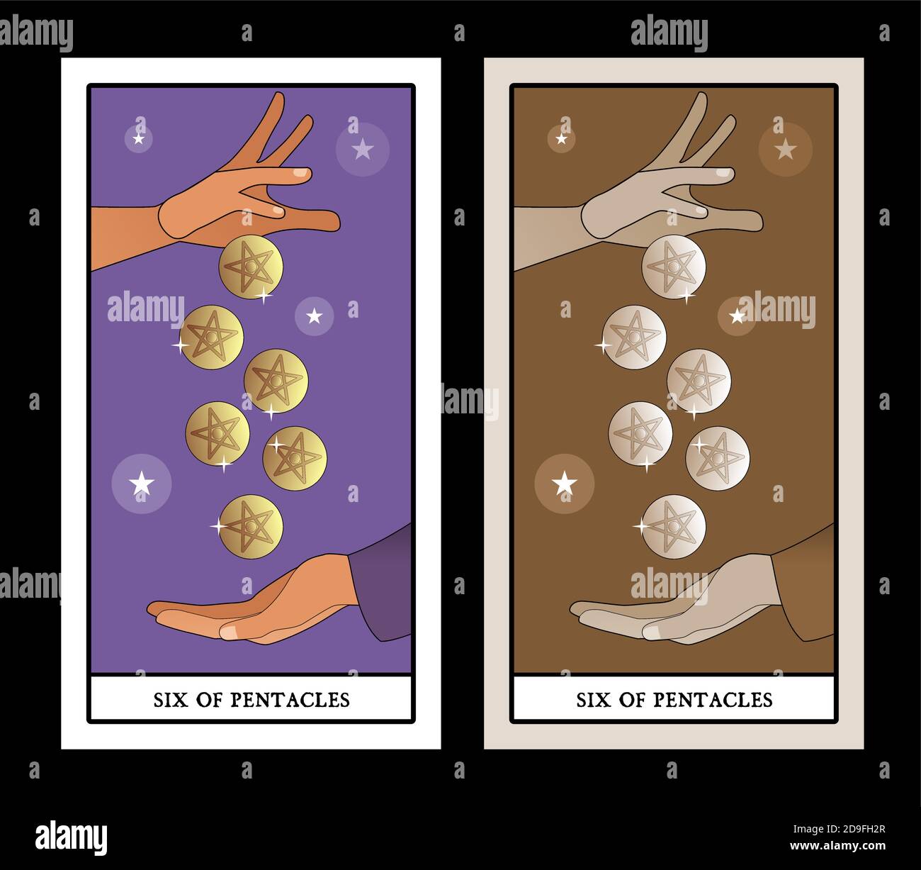 Six of pentacles. Tarot cards. A generous hand giving six golden ...