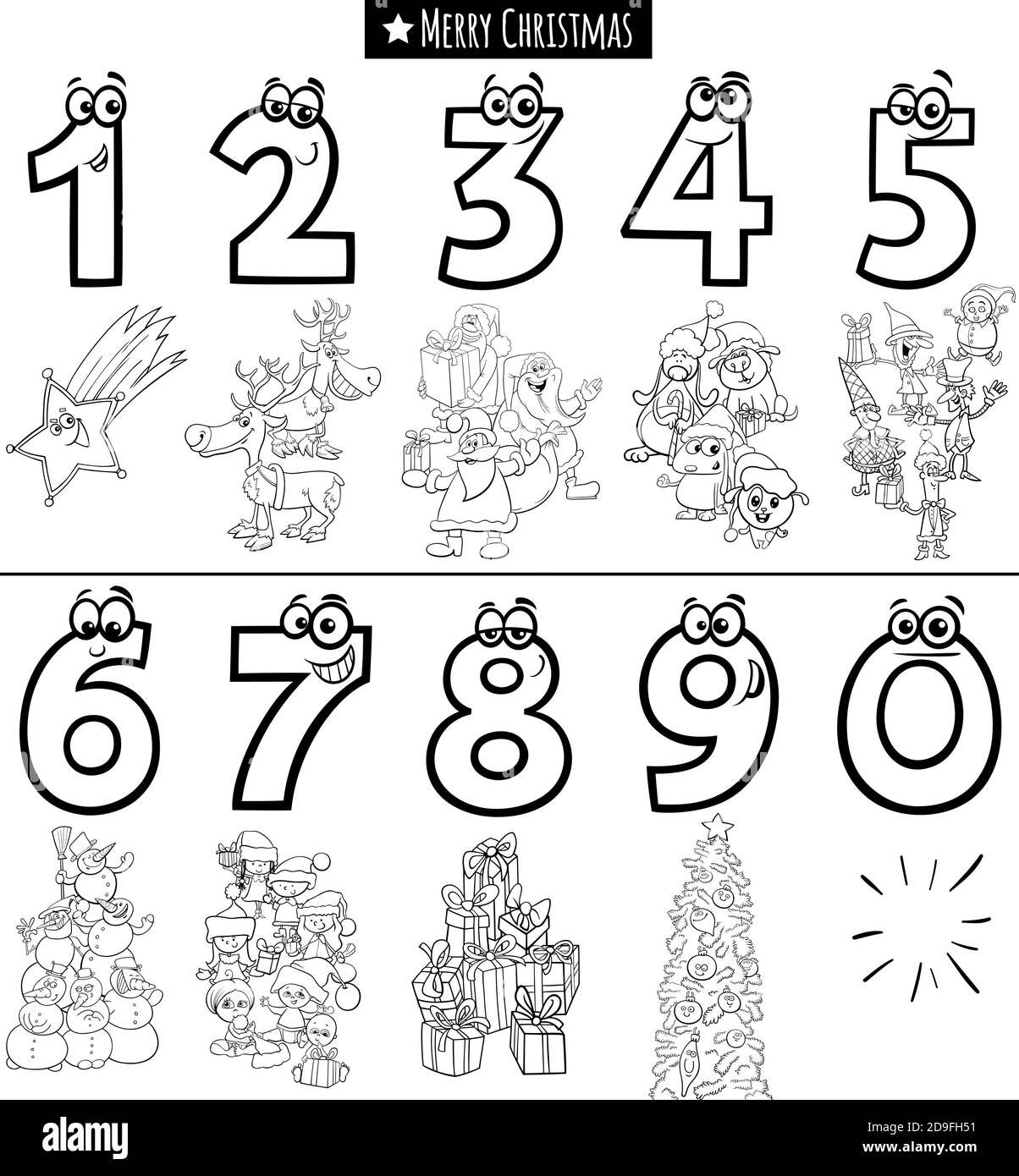 Black and white cartoon illustration of educational numbers set from ...