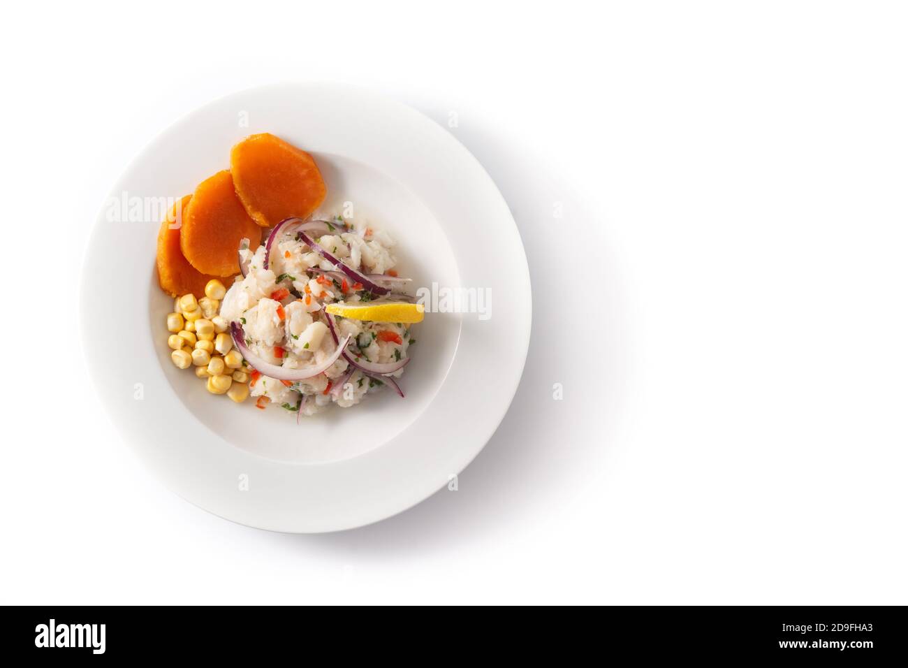 Traditional peruvian ceviche with fish, sweet potato, corn and ...