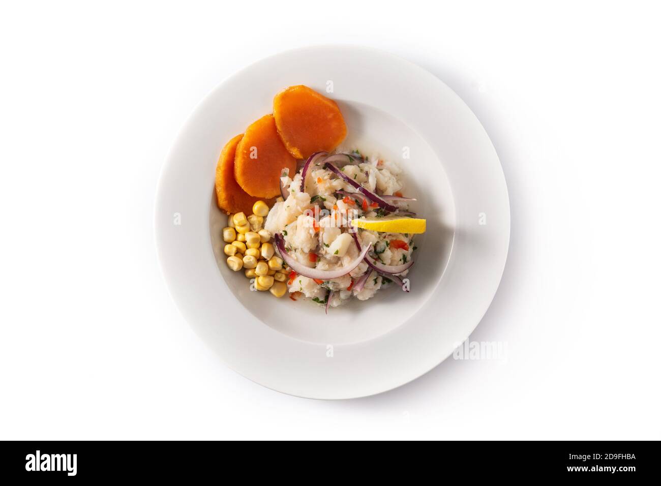 Traditional peruvian ceviche with fish, sweet potato, corn and ...