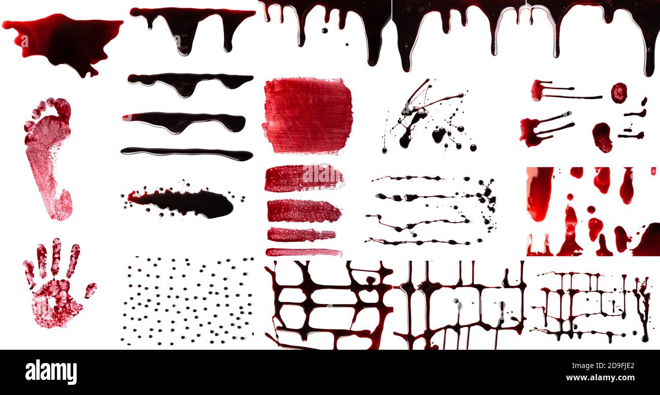 Blood collection set of various drops, drips, smear, trail isolated on ...