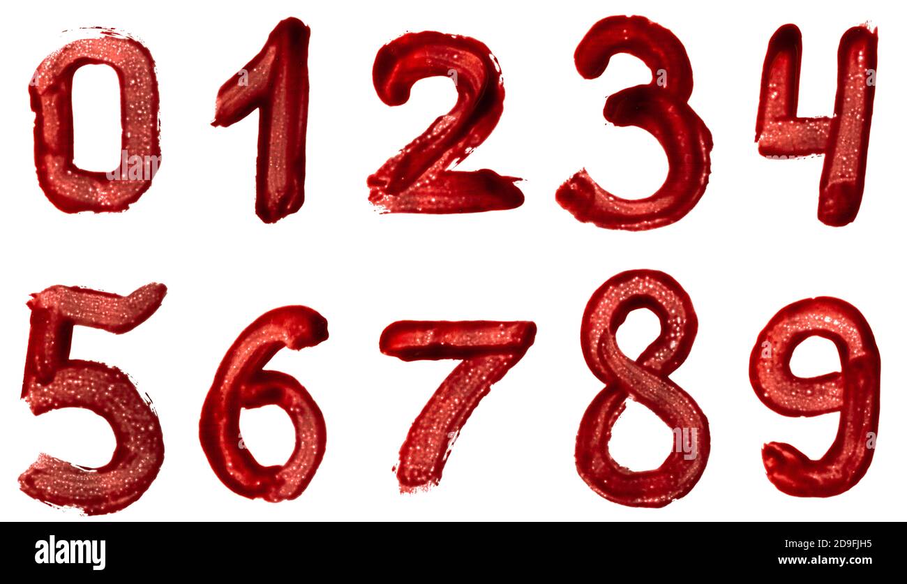 Set of numbers is drawn in red paint bloody isolated on a white ...