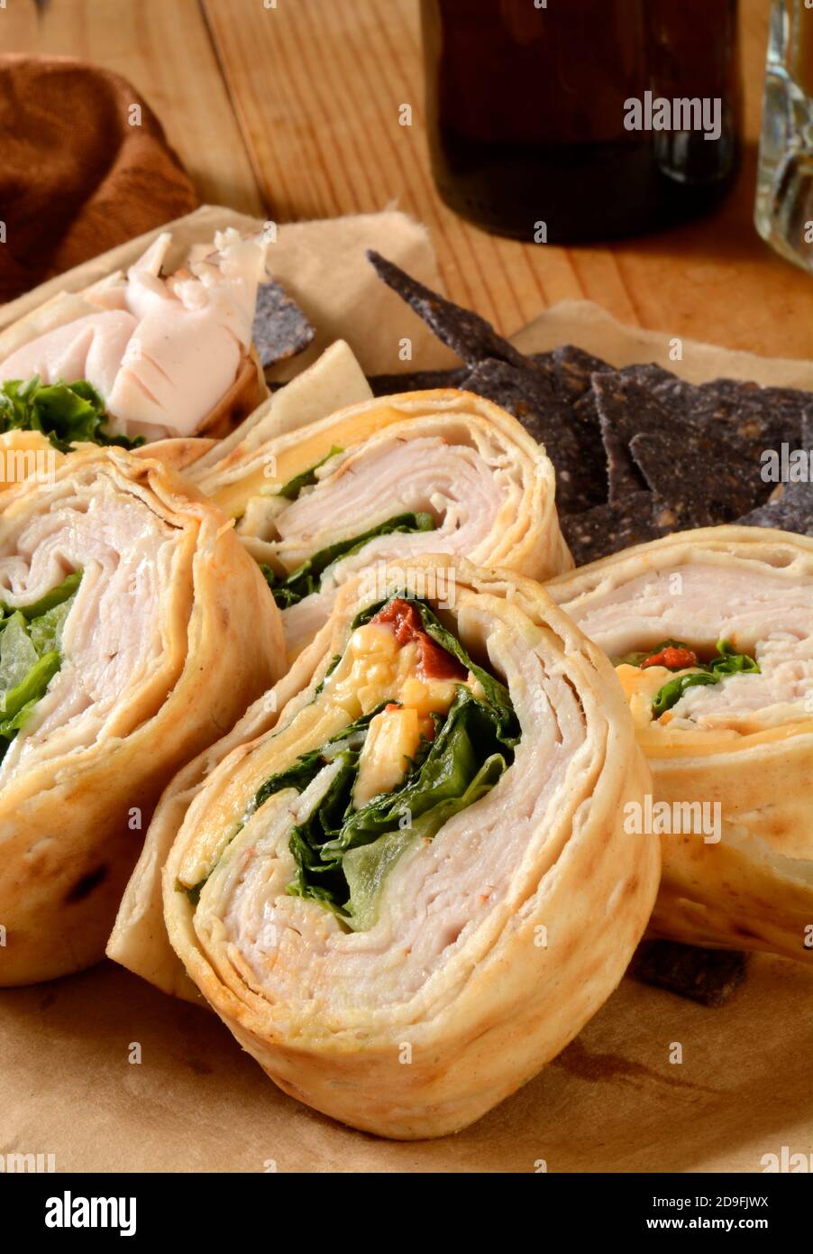 A turkey or chicken and cheese wrap sandwich with blue corn tortilla ...