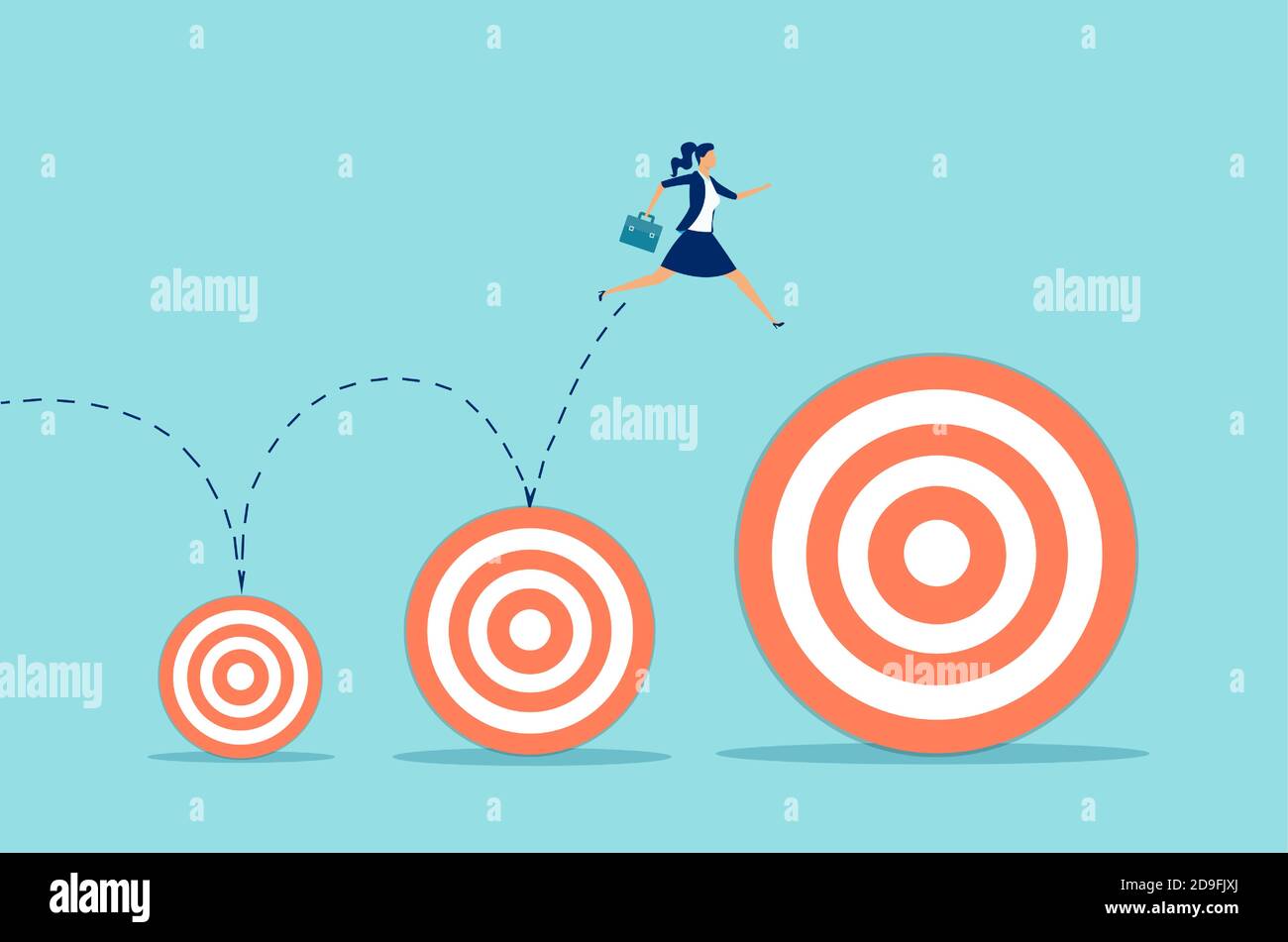 Vector of a business woman jumping up a higher target career goals ...