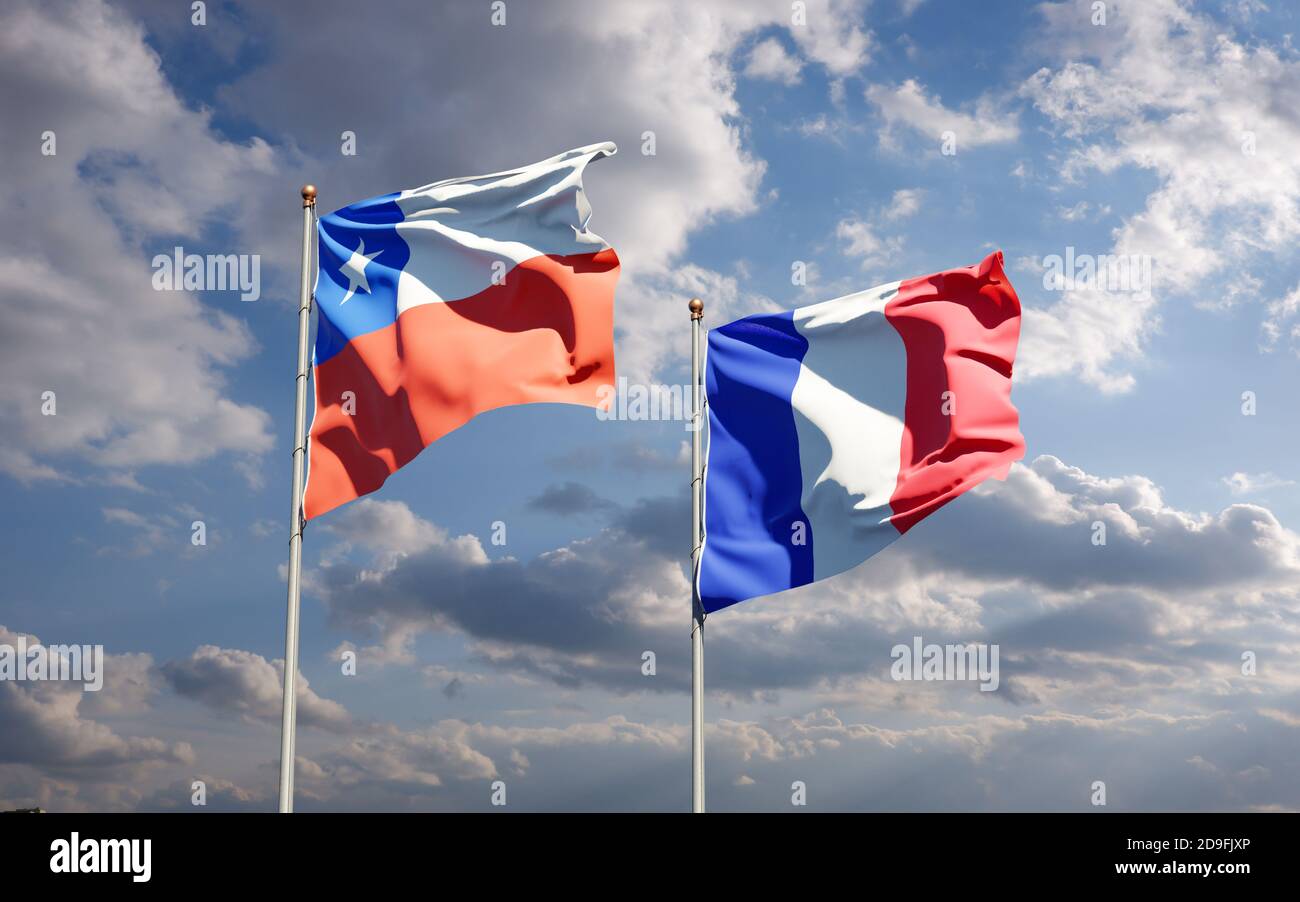 Beautiful national state flags of Chile and France together at the sky ...