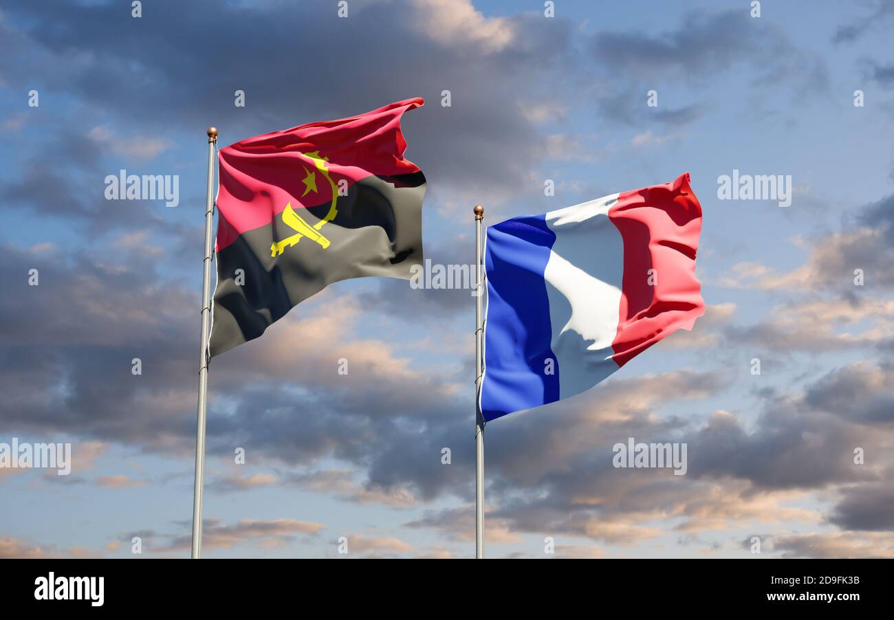 Beautiful national state flags of Angola and France together at the sky ...
