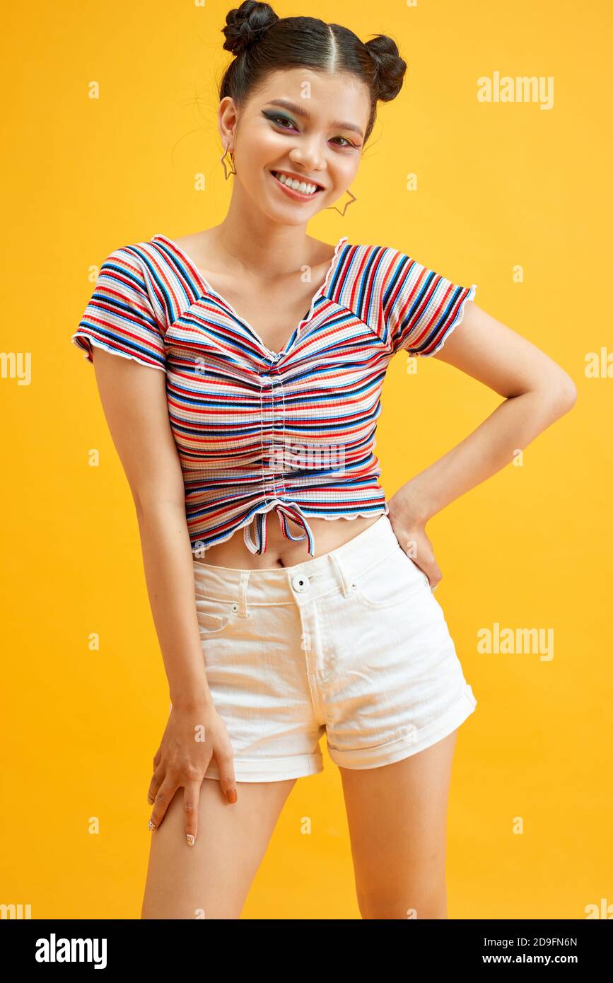 Beautiful female showing her pleasant emotions Stock Photo - Alamy