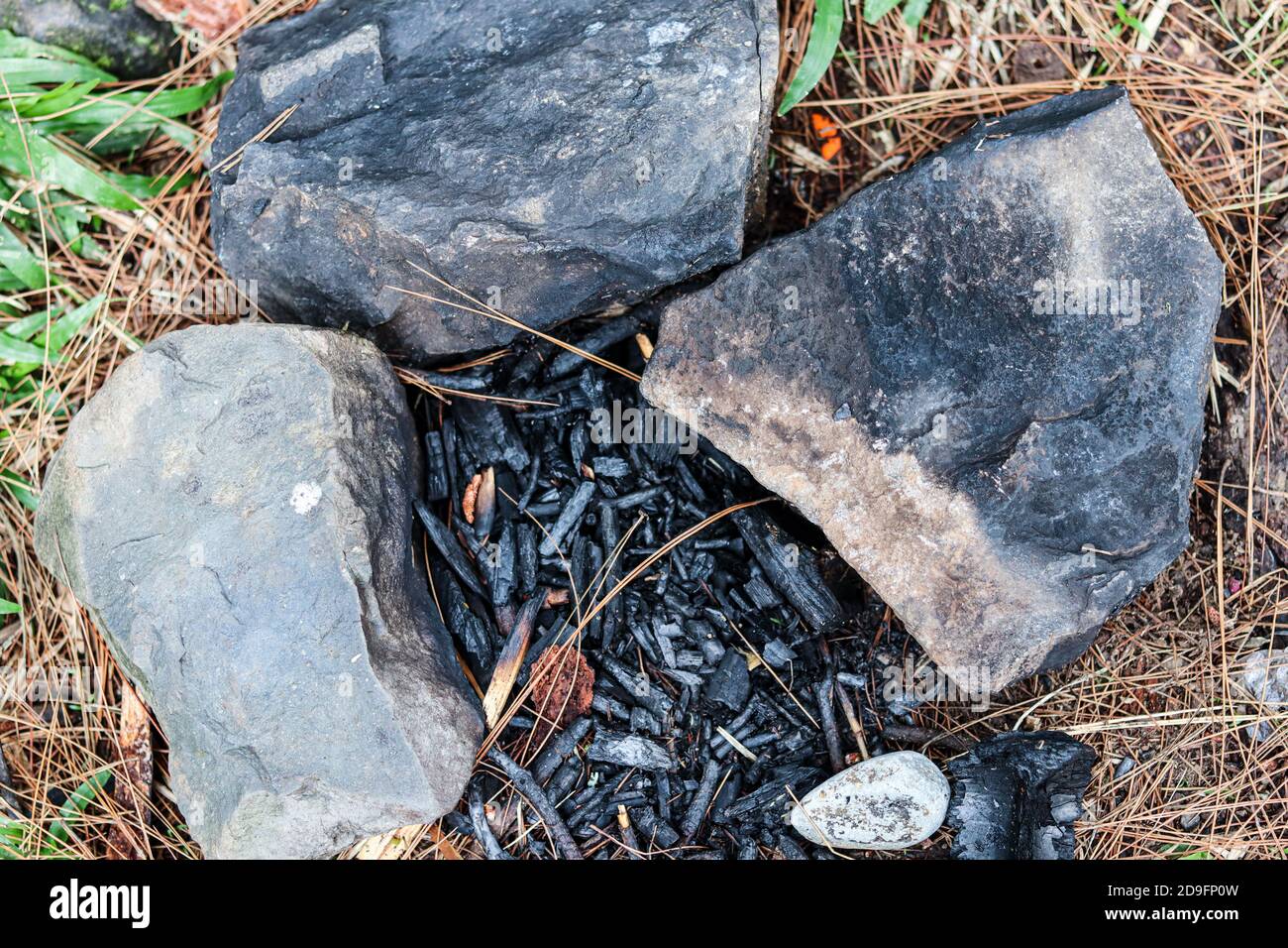 a simple outdoor stove that is composed of three stones with the ...