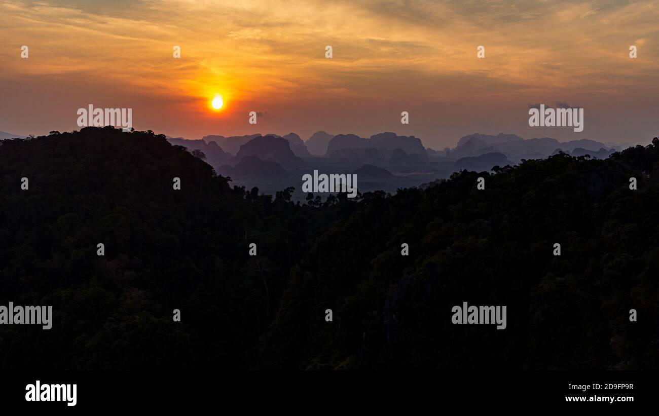 Beautiful evening sunset colors panoramic view from top, mountains in ...