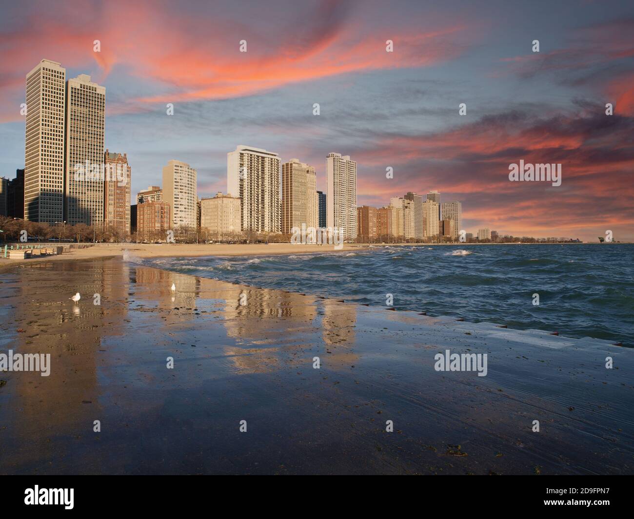Chicago Illinois lakefront skyline view with early morning sunrise sky ...